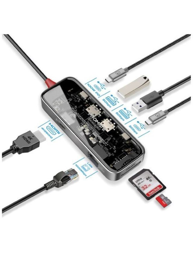 Promate TRANSHUB-MINI 8-in-1 Transparent Ultra-Fa… | edamama