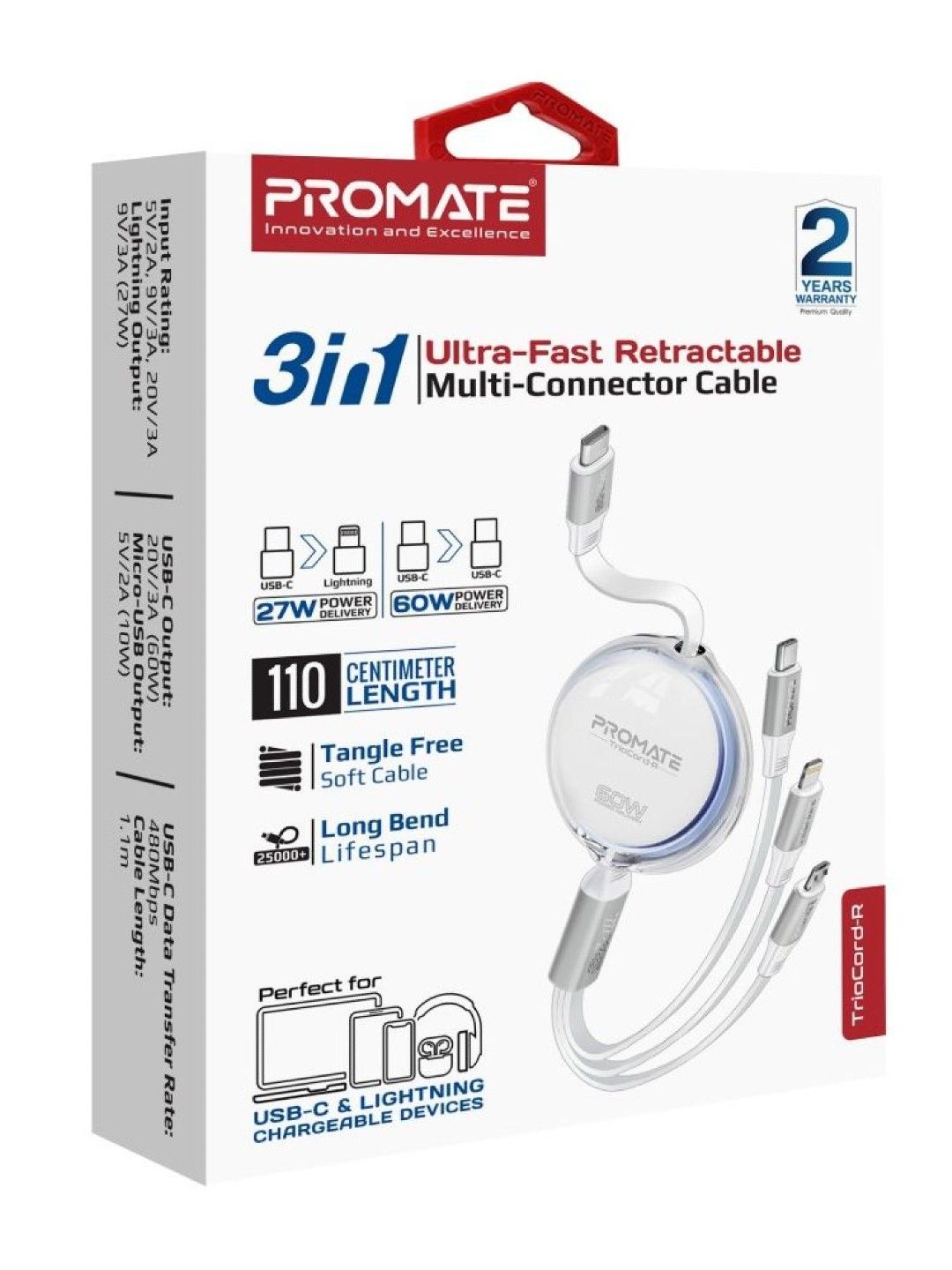 Promate TRIOCORD-R 3-in-1 Ultra-Fast Retractable … | edamama