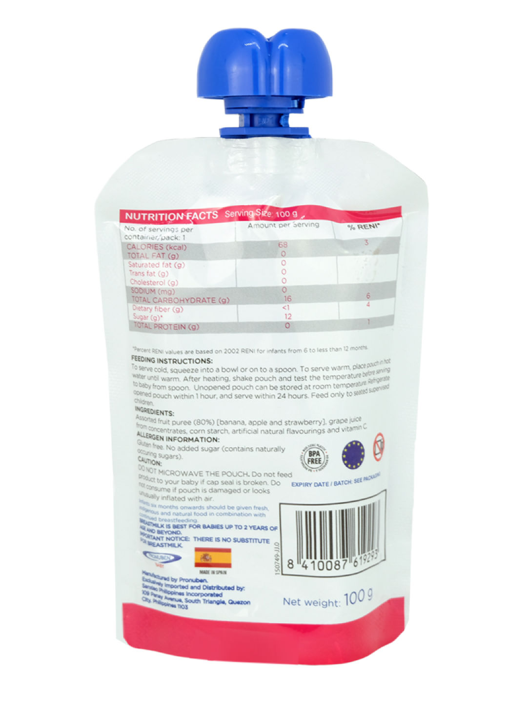 Pronuben Baby Strawberry and Banana Fruit Puree (100g) | edamama