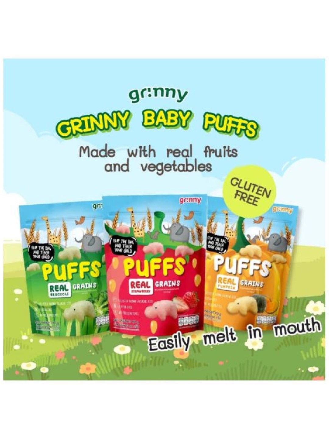 Grinny Puffs Real Grains Strawberry (60g) | edamama